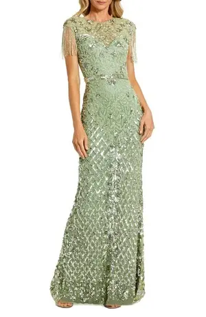 Mac Duggal High Neck Beaded Gown - Sage