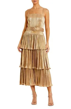 Mac Duggal Sleeveless Ruffle Midi Dress - Gold