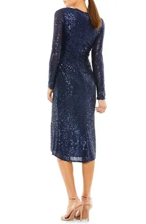 Mac Duggal Sequined Long Sleeve V-neck Midi Dress - Midnight