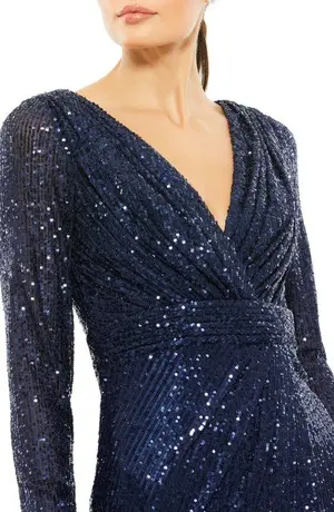 Mac Duggal Sequined Long Sleeve V-neck Midi Dress - Midnight