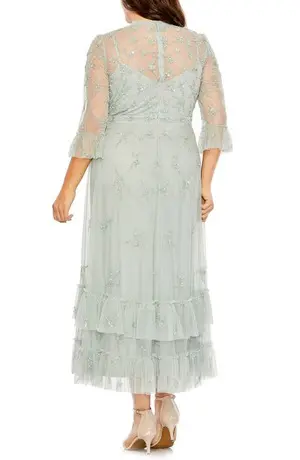 Mac Duggal Embellished Flutter-sleeve Tea-length Gown - Sage