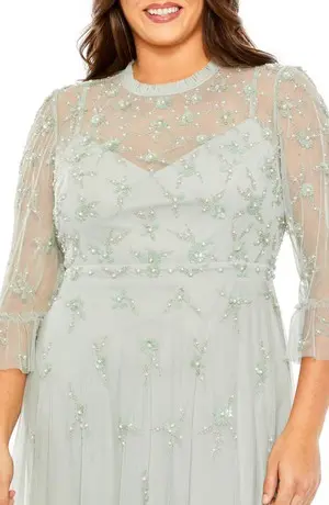 Mac Duggal Embellished Flutter-sleeve Tea-length Gown - Sage