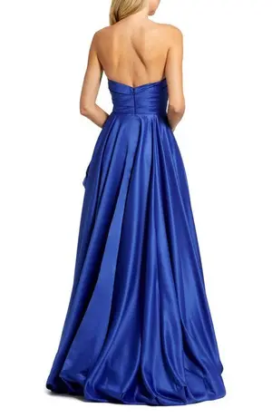 Mac Duggal Asymmetrical High-low Strapless Ruched Gown - Cobalt