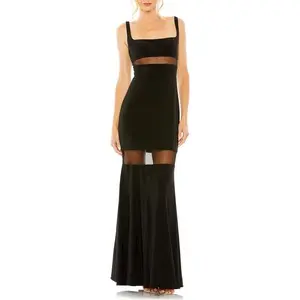 Mac Duggal Sheer Mesh Panel Sheer Detail Column Gown
