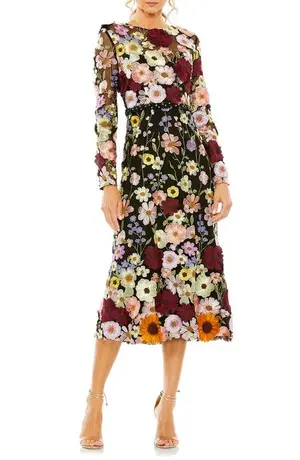 Mac Duggal Floral Embellished High Neck A-line Dress