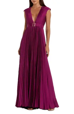 Mac Duggal Pleated Plunge Neck Belted Satin Gown - Raspberry-0