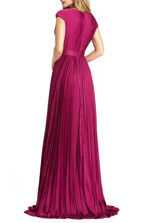 Mac Duggal Pleated Plunge Neck Belted Satin Gown - Raspberry