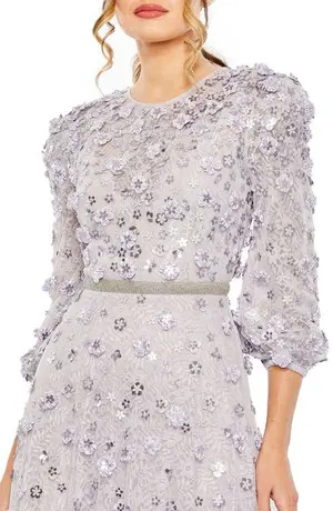 Mac Duggal Floral Applique Puff Sleeve A-line Gown