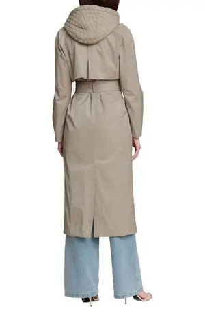 Avec Les Filles Quilted Hoodie Cotton & Nylon Trench Coat - Sage