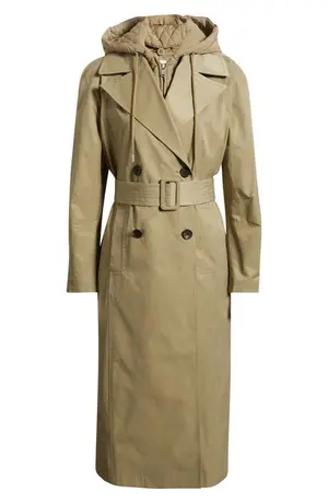 Avec Les Filles Quilted Hoodie Cotton & Nylon Trench Coat - Sage