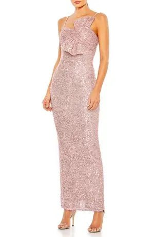 Mac Duggal Sequined Strapless Faux Bow Column Gown