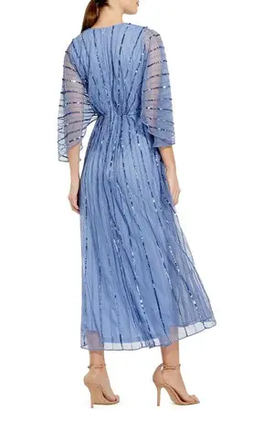 Mac Duggal Sequin Beaded Stripe Cape Sleeve V-neck Gown