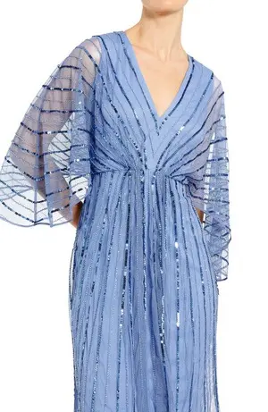 Mac Duggal Sequin Beaded Stripe Cape Sleeve V-neck Gown