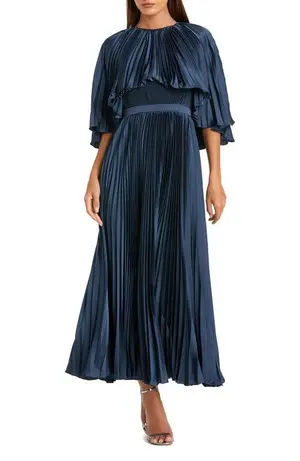Mac Duggal Pleated Capelet Tea-length Dress - Midnight