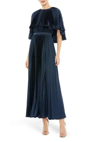 Mac Duggal Pleated Capelet Tea-length Dress - Midnight