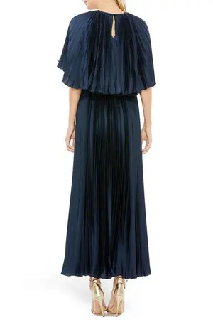 Mac Duggal Pleated Capelet Tea-length Dress - Midnight