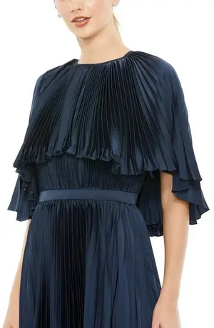 Mac Duggal Pleated Capelet Tea-length Dress - Midnight