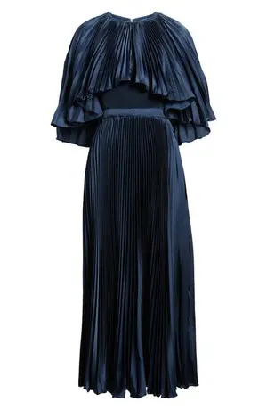 Mac Duggal Pleated Capelet Tea-length Dress - Midnight