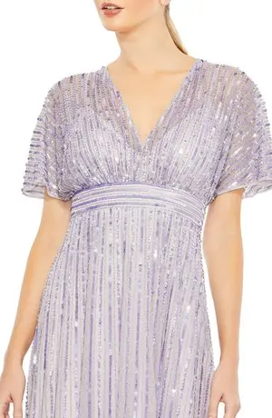 Mac Duggal Sequined Butterfly Sleeve A-line Gown