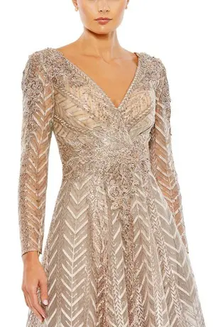 Mac Duggal Embellished Long Sleeve Wrap Over Dress