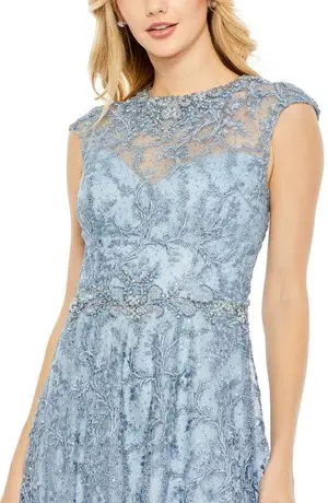 Mac Duggal Lace Embellished Cap Sleeve Gown - Slate Blue