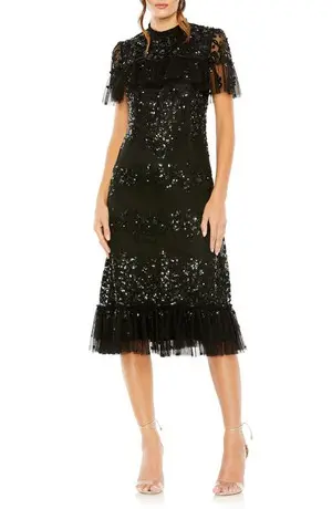 Mac Duggal Sequin High Neck Midi Dress