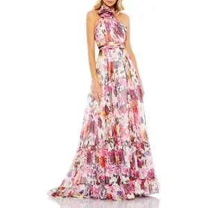 Mac Duggal Asymmetrical Ruffled Halter Floral Gown - Pink/white Multi
