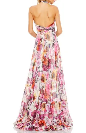 Mac Duggal Asymmetrical Ruffled Halter Floral Gown - Pink/white Multi