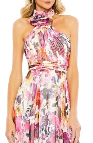 Mac Duggal Asymmetrical Ruffled Halter Floral Gown - Pink/white Multi