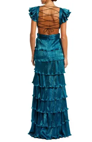 Mac Duggal Ruffle Tiered Lace-up Gown - Blue