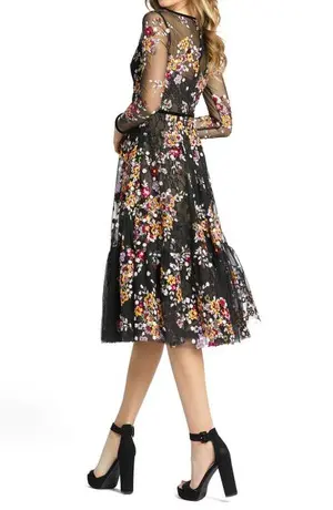 Mac Duggal Floral Embroidered Tea-length Dress