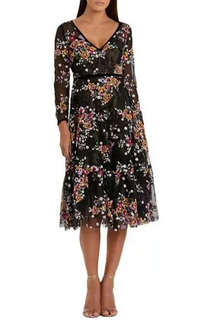 Mac Duggal Floral Embroidered Tea-length Dress - Black Multi