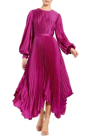 Mac Duggal Pleated Charmeuse Midi Dress With Handkerchief Hem - Fuchsia