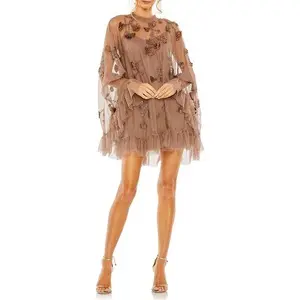 Mac Duggal Embellished Long Sleeve Trapeze Mini Dress With Ruffle Hem - Chocolate