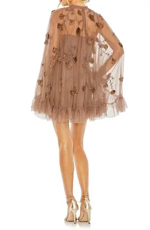 Mac Duggal Embellished Long Sleeve Trapeze Mini Dress With Ruffle Hem - Chocolate