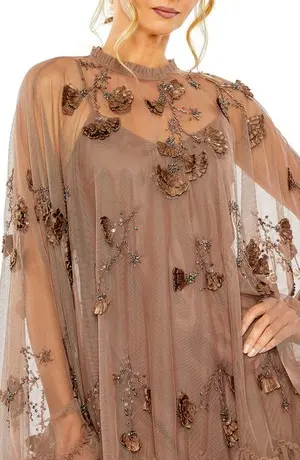 Mac Duggal Embellished Long Sleeve Trapeze Mini Dress With Ruffle Hem - Chocolate