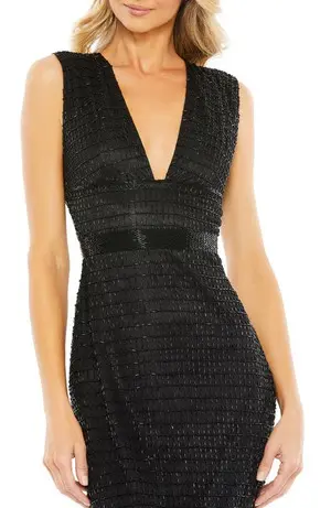 Mac Duggal Beaded Column Gown With V-neckline - Black