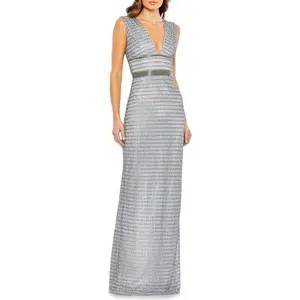 Mac Duggal Beaded Cap Sleeve V Neck Column Gown - Silver