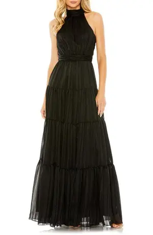 Mac Duggal Pleated Bodice Tiered Halter Gown