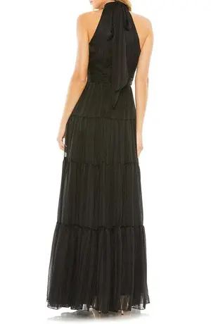 Mac Duggal Pleated Bodice Tiered Halter Gown