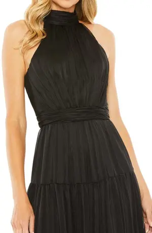 Mac Duggal Pleated Bodice Tiered Halter Gown