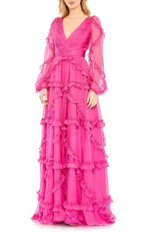 Mac Duggal Cascaded Ruffle Puff Sleeve A-line Gown