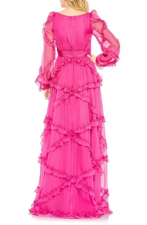 Mac Duggal Cascaded Ruffle Puff Sleeve A-line Gown