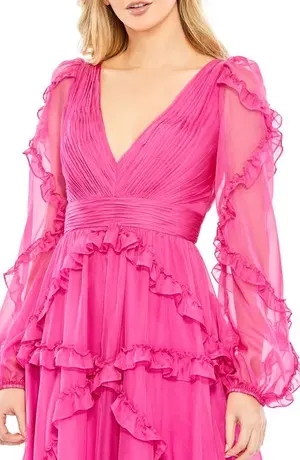 Mac Duggal Cascaded Ruffle Puff Sleeve A-line Gown