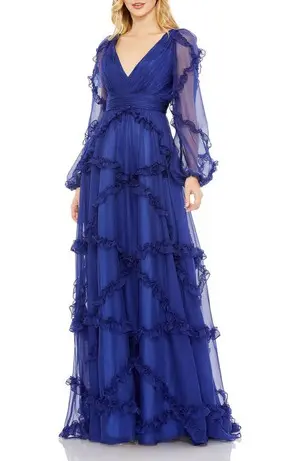 Mac Duggal Cascaded Ruffle Puff Sleeve A-line Gown