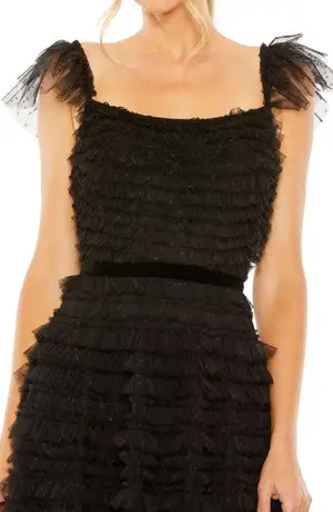 Mac Duggal Ruffle Cap Sleeve Embellished Tiered Midi Dress
