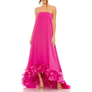 Mac Duggal Chiffon Strapless High-low Gown With Feather Hem - Fuchsia