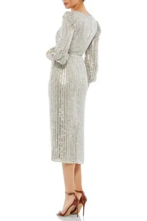 Mac Duggal Long Sleeve Sequined Midi Dress