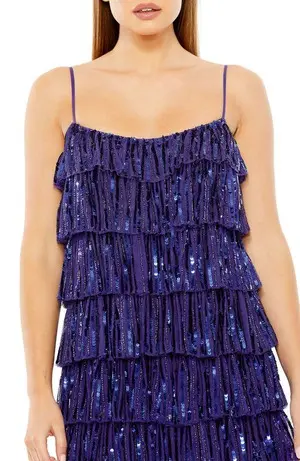 Mac Duggal Beaded Strap Sequin Ruffle Mini Dress - Cobalt