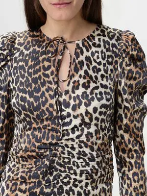 GANNI Leopard Print Ruched Midi Dress